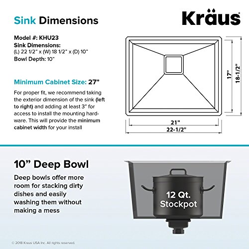 KRAUS Pax 22 1/2-inch 16 Gauge Undermount Single Bowl Stainless Steel Kitchen Sink, KHU23, Satin