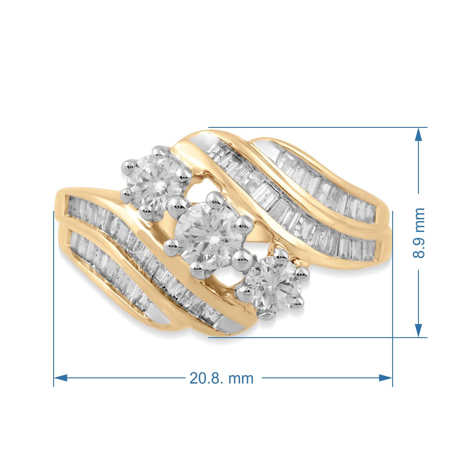 Jewelili 14K Yellow Gold Over Sterling Silver 4.5 MM and 3 MM Round Created White Sapphire and Natural White Round Diamond Accent Ring, Size 7