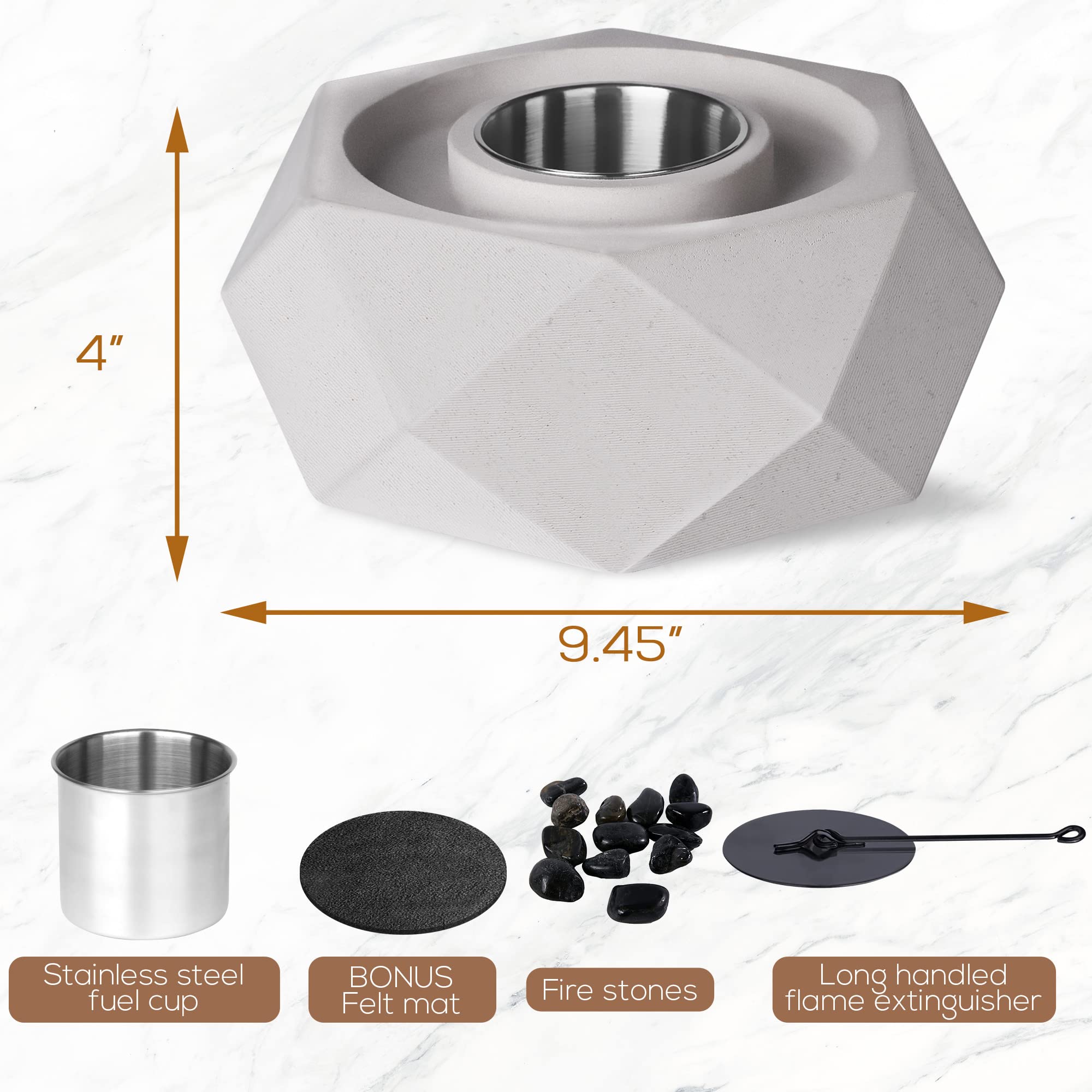 Tabletop Fire Bowl - Extra Large Concrete Table Top Fire Pit Indoor Outdoor Portable Fireplace Geometric Centrepiece, Gray, 9.45 inches
