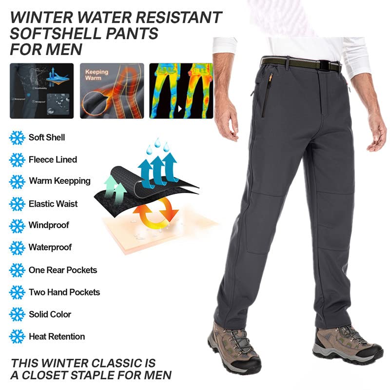 linlon Men's Snow Ski Waterproof Fleece Lined Pants Outdoor Hiking Insulated Softshell with Belt (Grey, 30)