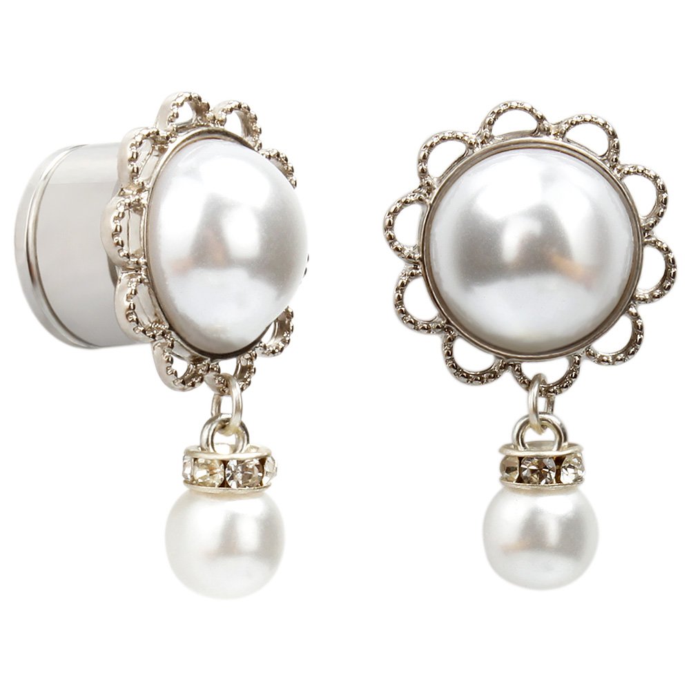 KUBOOZ Pearl Pendant Ear Piercing Jewelry Stainless Steel Tunnels and Plugs Ear Expander Reamer Guages 00g