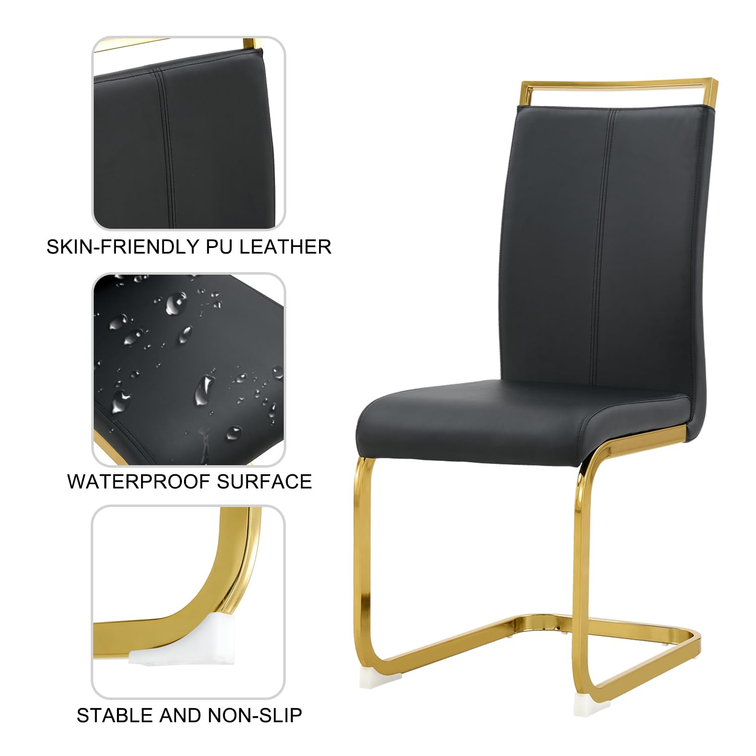JUFU 71" Modern Dining Room Table Set for 6, Black Marble Faux Kichen Table Set with U-Shaped Base,Luxurious Rectangular Diner Table ANG Leather Dining Chairs with Golden Legs