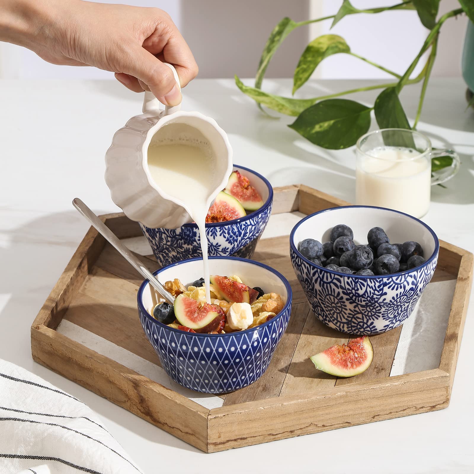 Selamica Ceramic 8oz Bouillon Cups 4 Inch Small Bowls, Dessert bowls for Soup Dipping Sauce Coffee Cupping, Microwave Dishwasher Safe, Set of 6, Vintage Blue