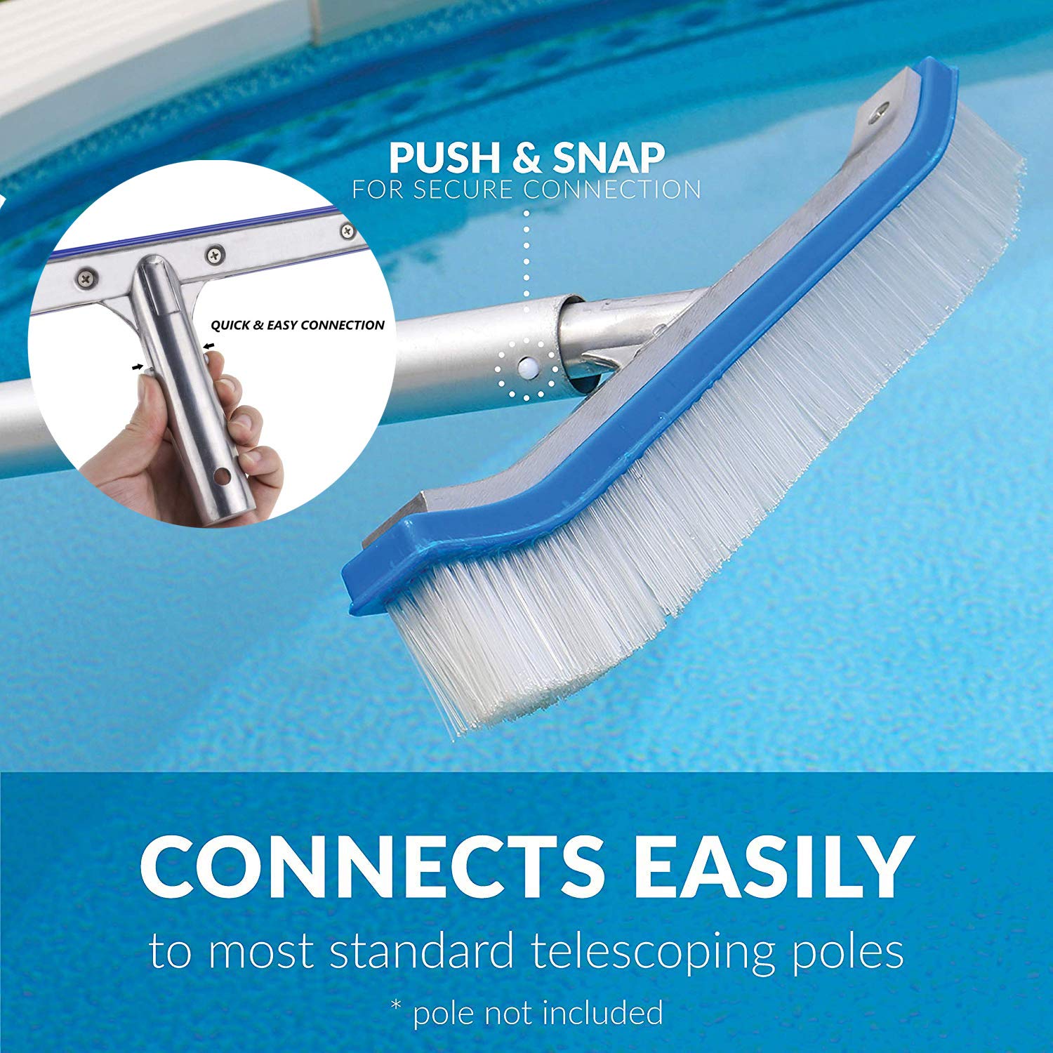 Swimming Pool Wall & Tile Brush,18" Heavy Duty Vinyl Polished Aluminum Back Cleaning Brush Head Designed for Cleans Walls, Tiles & Floors, Nylon Bristles Brush Head with EZ Clips (Pole not Included)