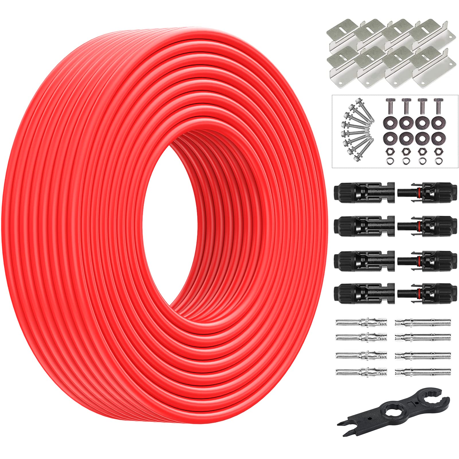 Temank 10AWG Solar Extension Cable 100Ft Black + 100 Ft Red, 10 Gauge Solar Panel Cables Wire 100 Ft with 8 Pairs 1500V Solar connectors and 2 Sets of Z Brackets