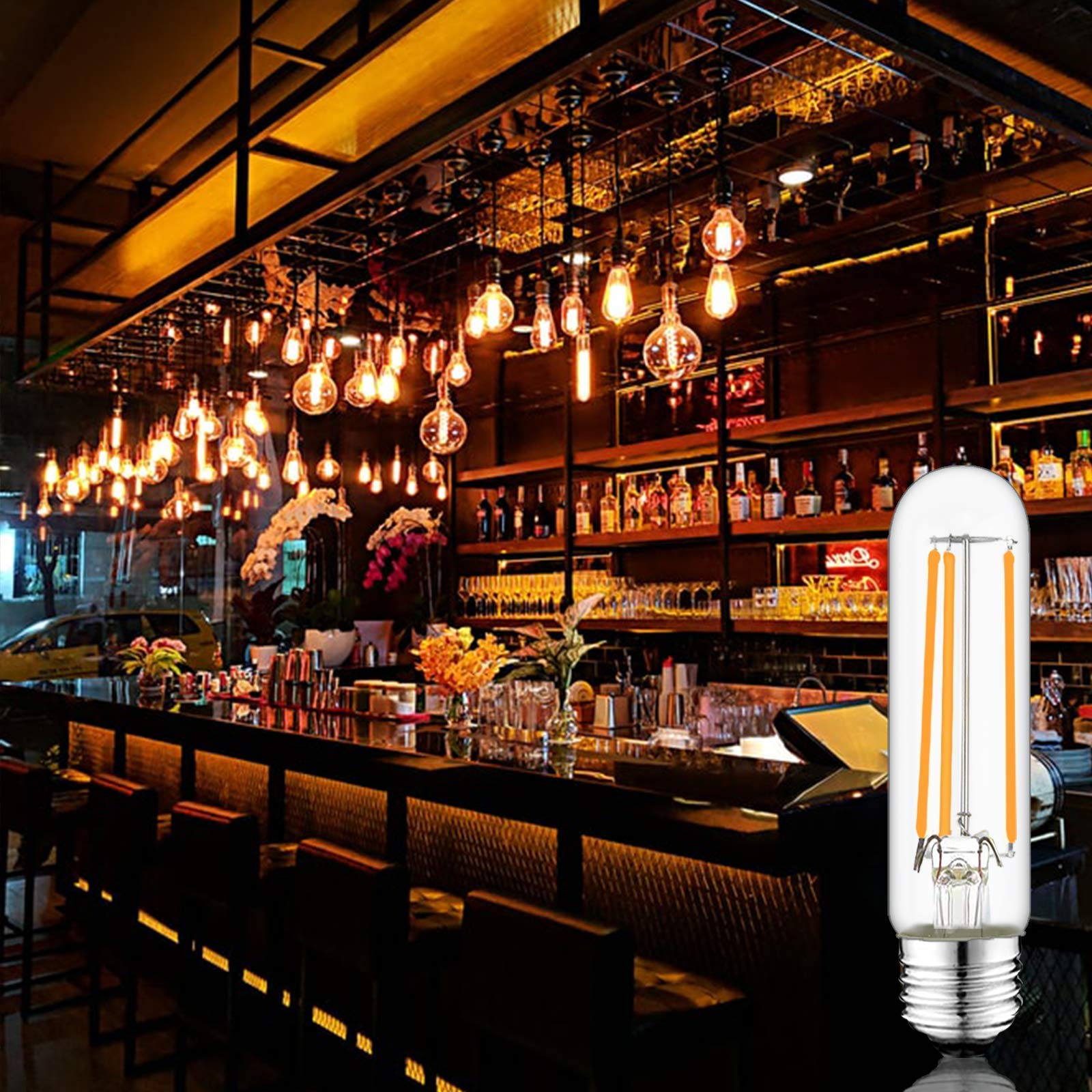 Luxvista 6W Dimmable T10 Tubular LED Light Bulb Soft White 2700K E26 Medium Base Filament Bulb 5 Inch Long Tubular Vitage Clear Edison Bulb 120V 60 Watt Incandescent Bulb Equivalent (4-Pack)