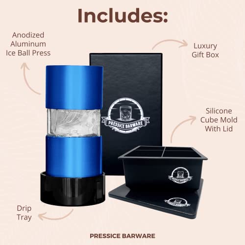 Pressice Barware Ice Ball Press - Effortlessly Make Giant 2.3" Ice Balls - Includes Aircraft Grade Aluminum Ice Press and Ice Mold - Assembled in the US (Ice Press, Blue)