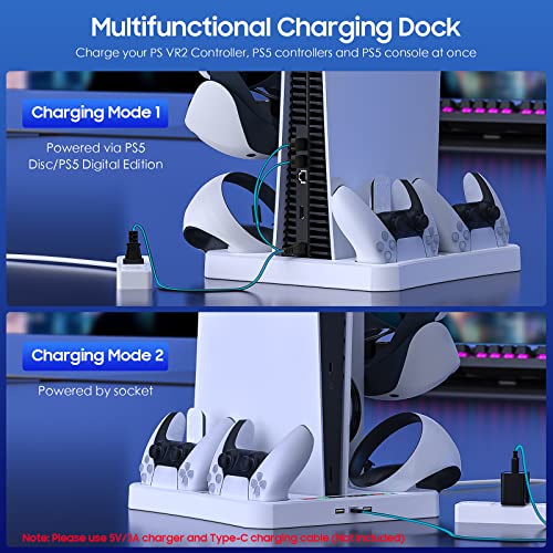 TiMOVO Charging Station for PlayStation VR2, Dual Charging Dock for PS5 & PS VR2, Charger Stand Gamepad Showcase Host Cooling Fan Bracket Stable Desk Accessories PS5 Detachable Charging Rack, White