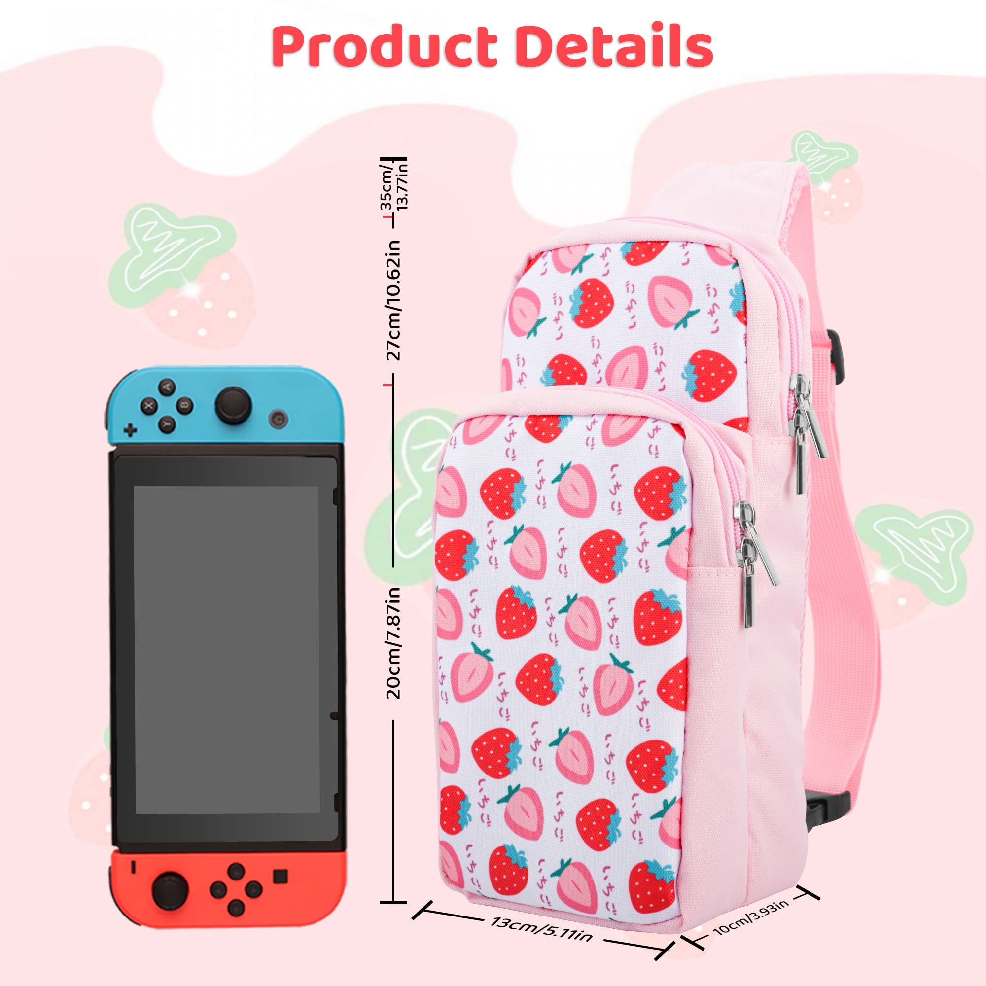 RHOTALL Pink Travel Bag for Nintendo Switch/Lite/OLED,Large Capacity Portable Carrying Case Compatible for Chest Shoulder Accessories Storage Backpack with12 Slots Game Case,Thumb Grip Caps-Strawberry