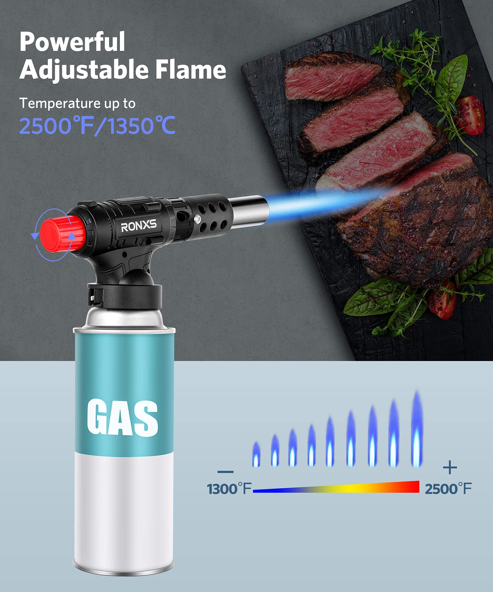 RONXS Butane Torch lighters, 2 Flame Mode Kitchen Cooking Torch with Inverted Use Adjustable Flame Culinary Blow Torch for BBQ, Baking, Sushi, Butane Not Included