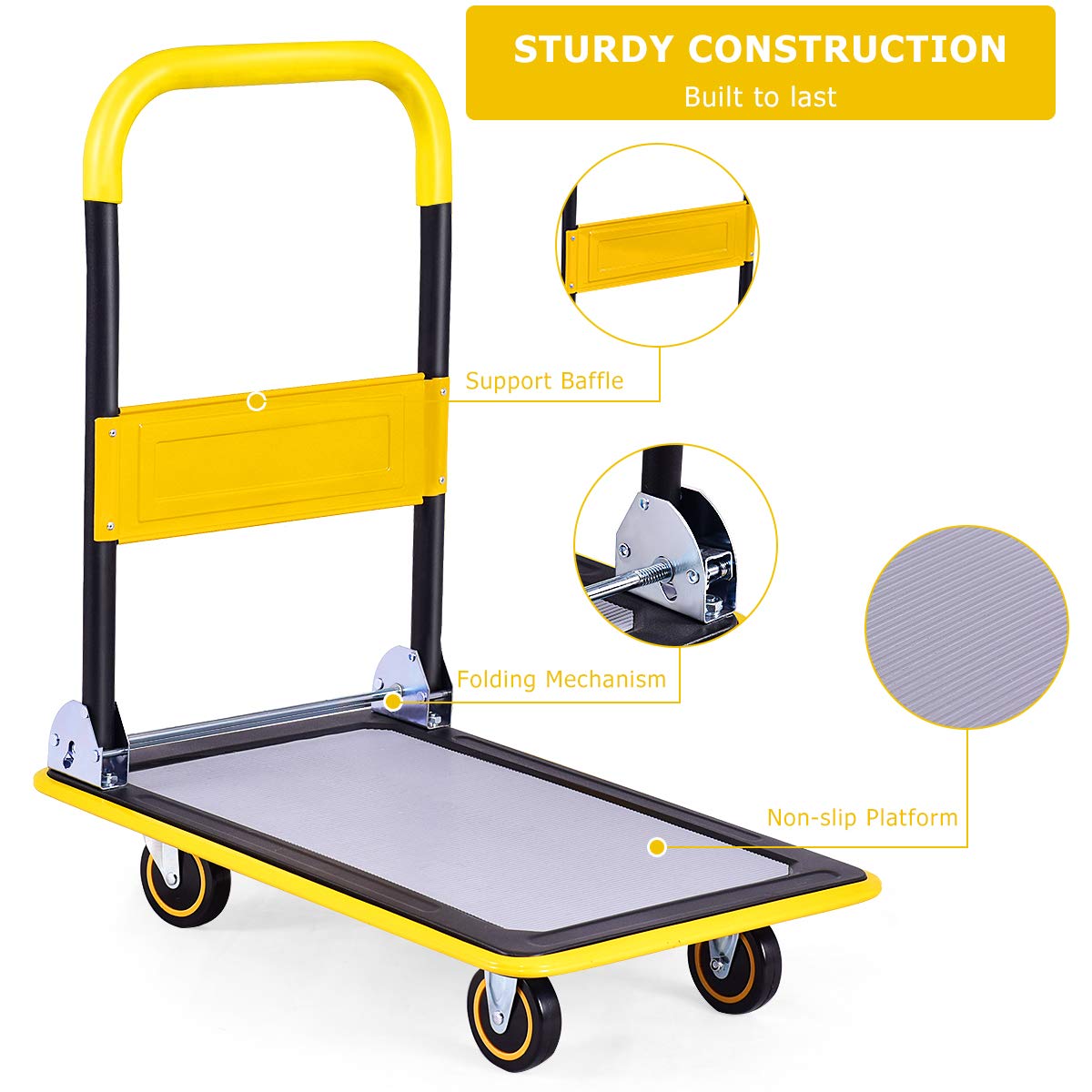 S AFSTAR Folding Push Cart Dolly, Rolling Platform Cart for Garage Warehouse, Portable Flatbed Cart with Non-Slip Swivel Casters (330Lbs Load-Bearing Capacity, Yellow)