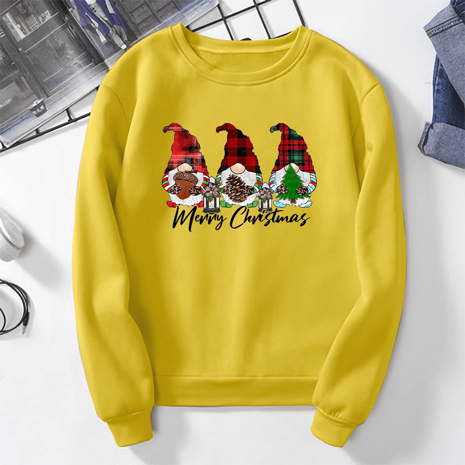 Sweatshirt For Women Graphic Round Neck Pullover Shirts Long Sleeve Sweatshirts Drop Shoulder Pullover Teen Clothes Yellow