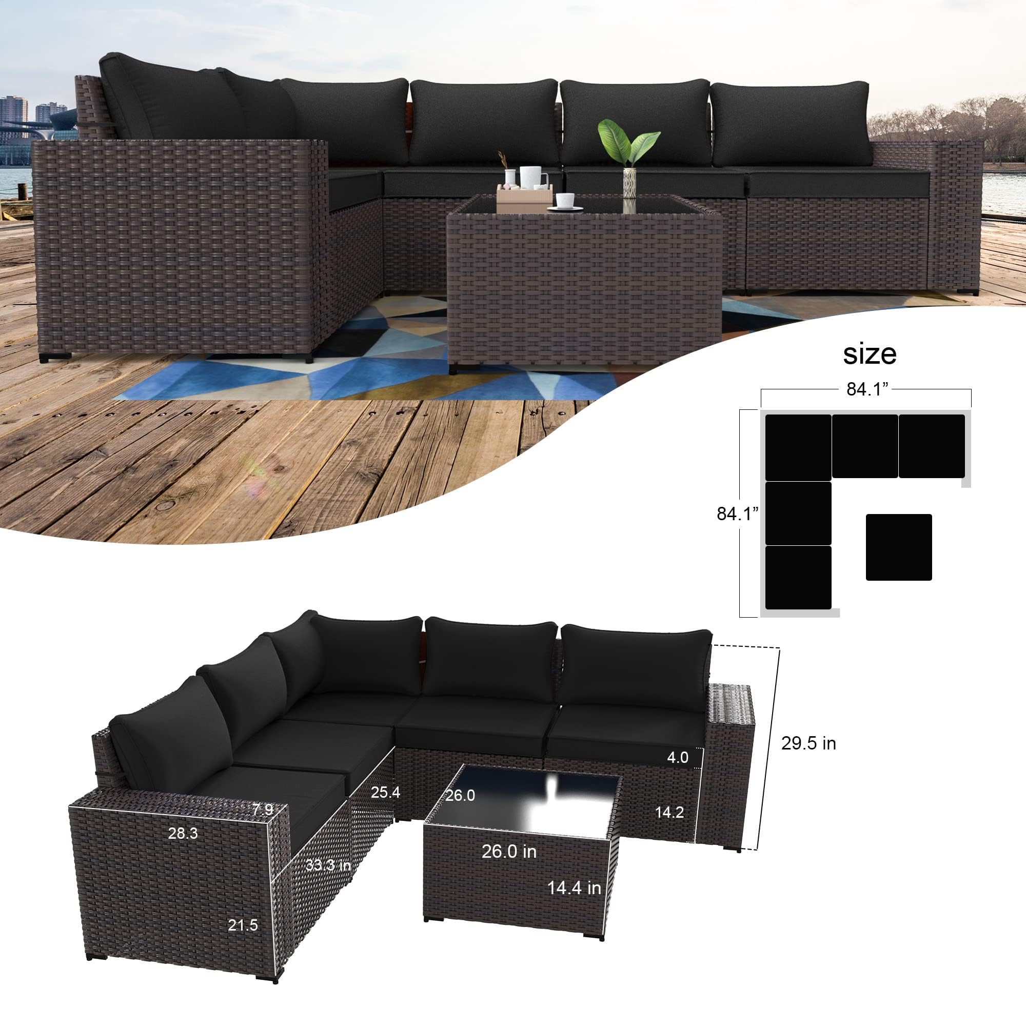 Kullavik 6PCS Outdoor Patio Furniture Set PE Wicker Rattan Sectional Sofa Patio Conversation Sets,Cream