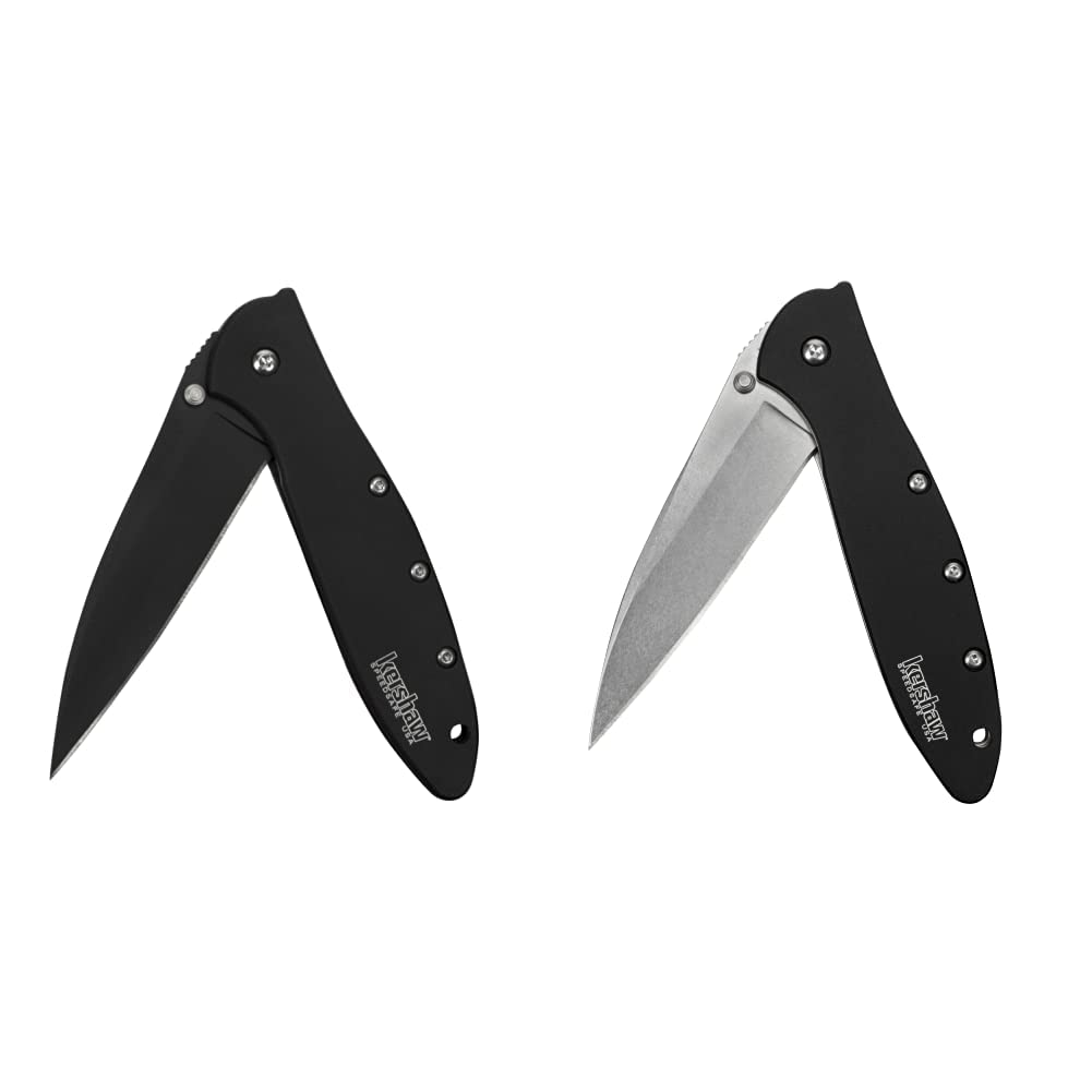 Kershaw Leek, Black Folding Knife (1660CKT); 3 OZ. & Leek, Stonewashed Pocket Knife (1660SWBLK) 3” Stonewashed High-Performance Sandvik 14C28N Steel Blade, Black Anodized Aluminum Handle; 2.4 OZ