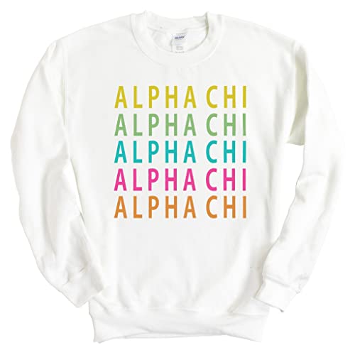 Kite and Crest Alpha Chi Omega Sweatshirt - ACHIO Modern Stacked Crewneck Sweatshirt- Sorority Big Little Gift Idea White
