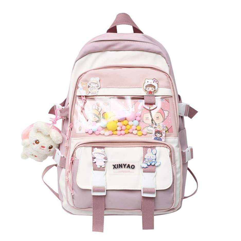 Kawaii Backpack Kawaii School Backpack Cute Aesthetic Backpack Cute Kawaii Backpack with Pendant Pins pink