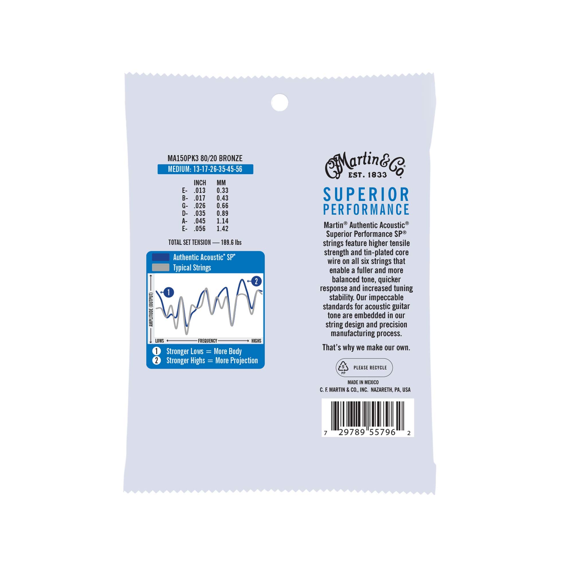 Martin Authentic Acoustic Guitar Strings, Superior Performance Medium 13-56, 80/20 Bronze, 3 Pack