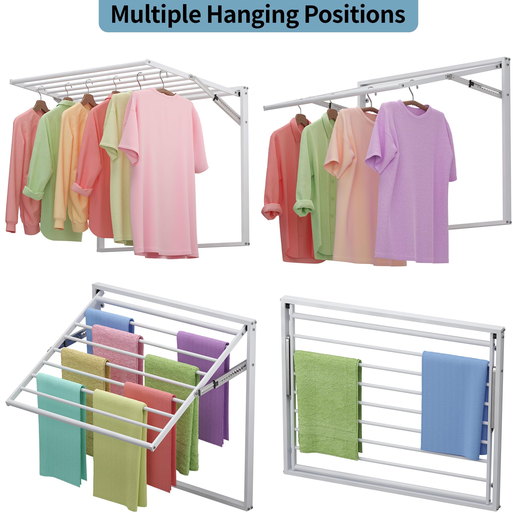 yeshine 31.5" Wide Wall Mounted Clothes Drying Rack, 23.6 Linear Feet Capacity, 60 Lb Capacity, 9 Smooth Metal Round Rods, Collapsible Laundry Drying Rack, Adjustable Drying Rack Clothing Heavy Duty
