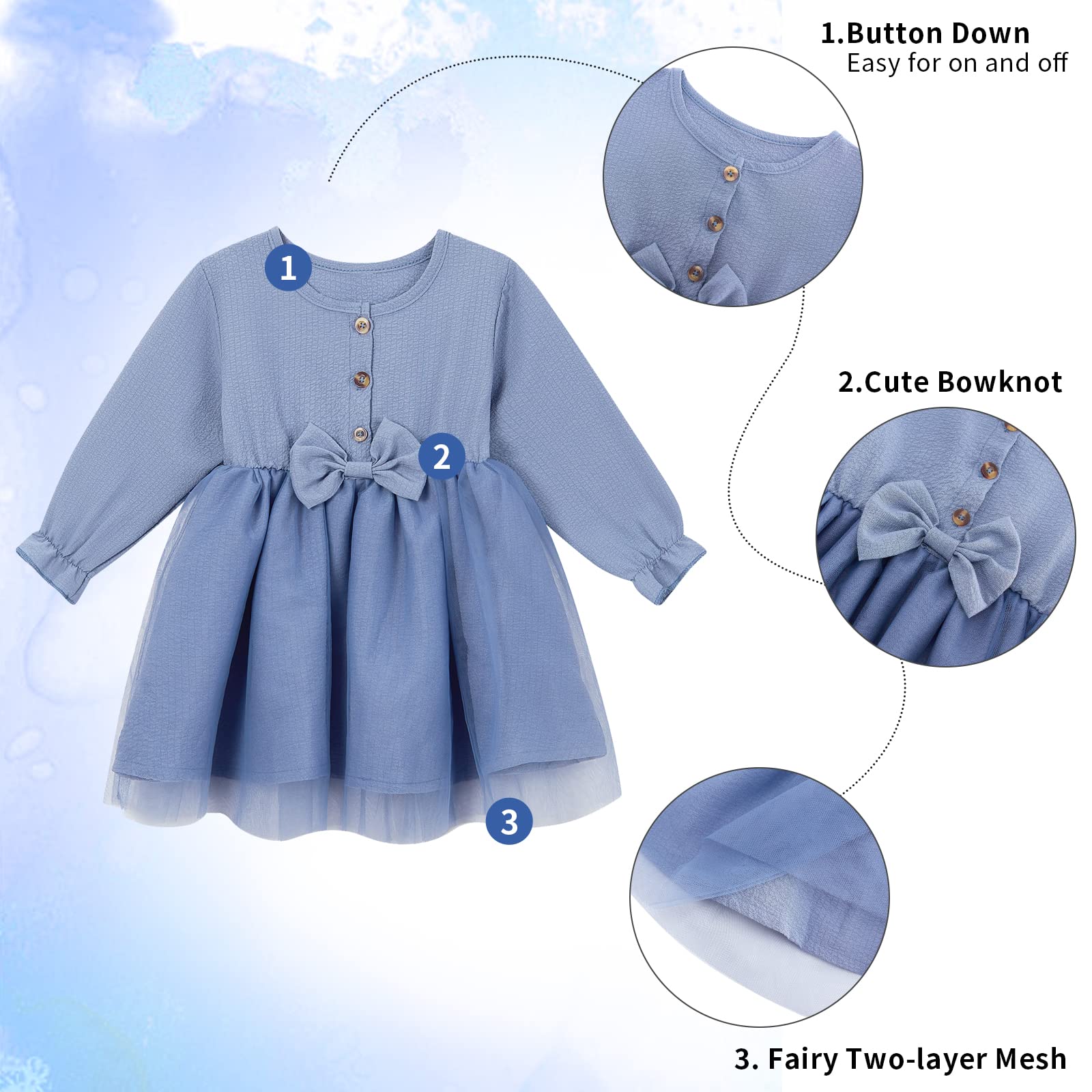 Toddler Long Sleeve Dress 2T 3T Girl Blue Fall Dresses A-Line Bowknot Single-Breasted Outfits