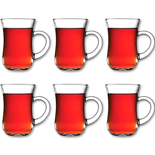 Turkish Tea Glasses With Handle - 6 pcs Tea Cups, Slim Waist Design and Thick Sole Prevent the Tea From Getting Cold, Capacity 145cc, 4 3/4 Oz, 2.5" x 4H"