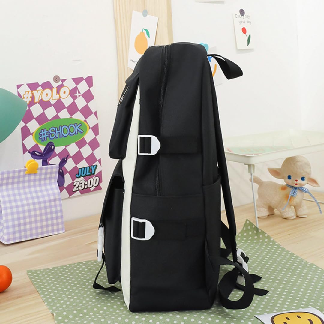 josfey 4Pcs Kawaii Backpack Cute Backpack Aesthetic Backpack Preppy Backpack SetKawaii School Supplies with Accessories (Black)…