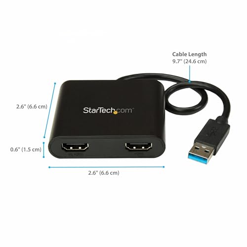 StarTech.com USB 3.0 to Dual HDMI Adapter - 1x 4K 30Hz & 1x 1080p - External Video & Graphics Card - USB Type-A to HDMI Dual Monitor Display Adapter - Supports Windows Only - Black (USB32HD2)