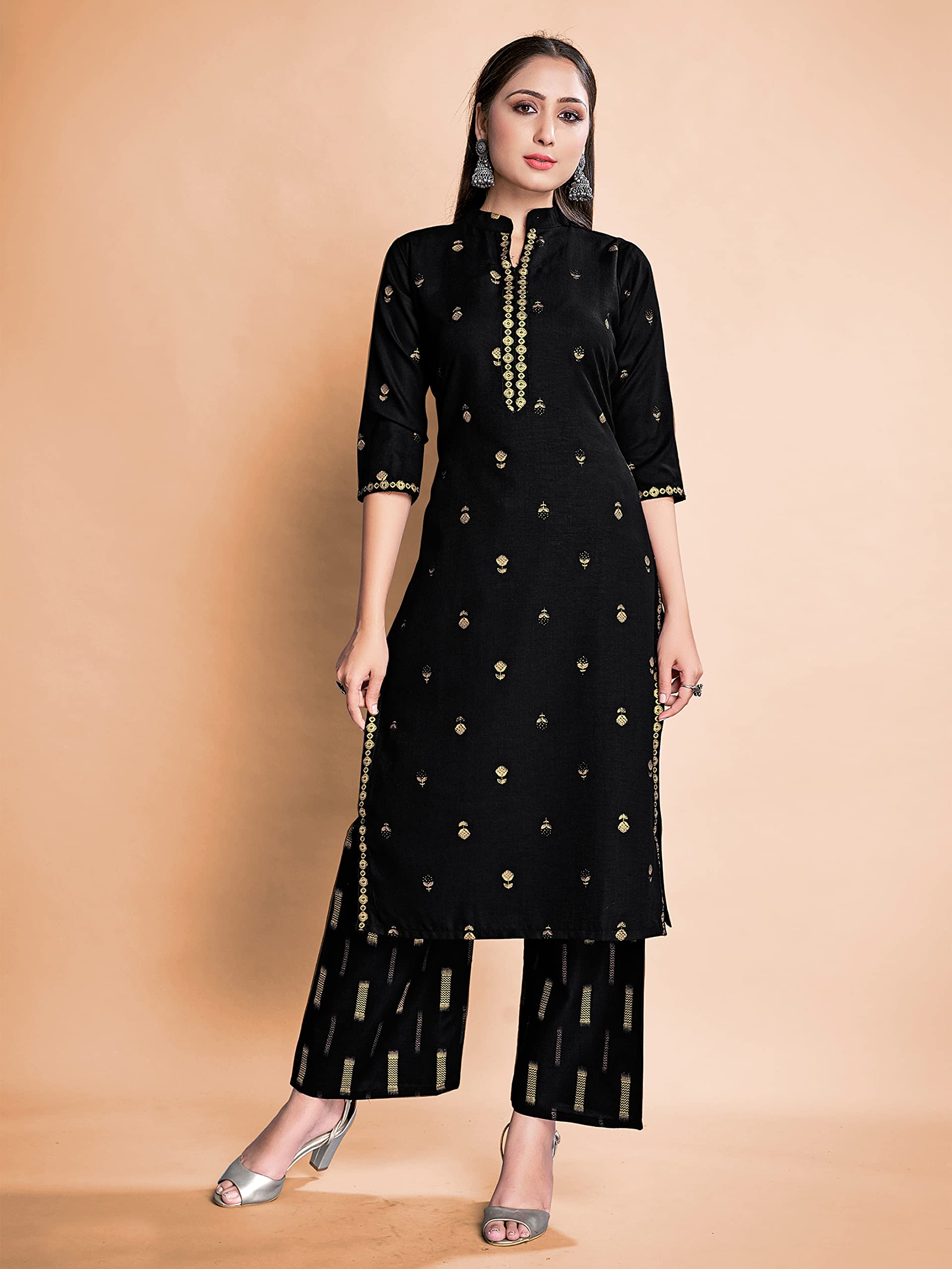 Indian Kurti for Womens With Pant | Rayon Foil Printed Dress Kurtis Kurta For Women Tops Black