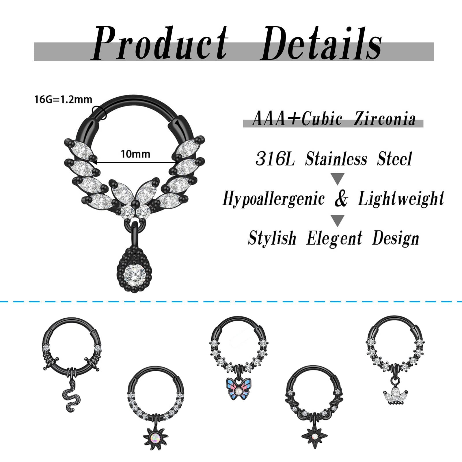 Qmcandy 6pcs Stainless Steel Wire Wrapped Septum Clicker Triple Spike Hinged Seamless Ring 16g Nose Piercing Jewelry, Black 3/8"