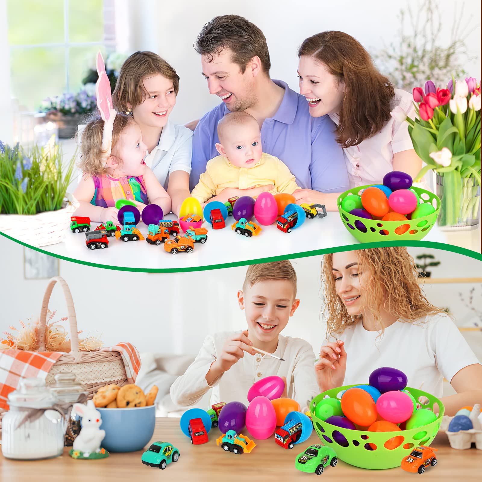RAMXCION 24 Pack Easter Eggs Prefilled with Pull Back Cars Toy, Easter Egg Filled with Vehicle Toys for Easter Hunt Party Favor, Easter Basket Fillers, Classroom Activity for Kids (24 Pack)