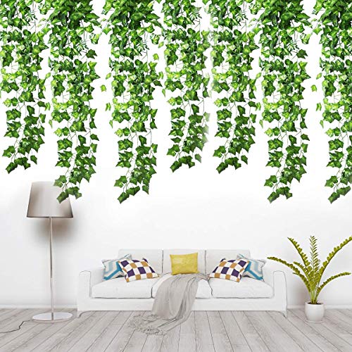 KASZOO 84Ft 12 Pack Artificial Ivy Garland Fake Plants, Vine Hanging Garland, Hanging for Home Kitchen Garden Office Wedding Wall Decor, Green