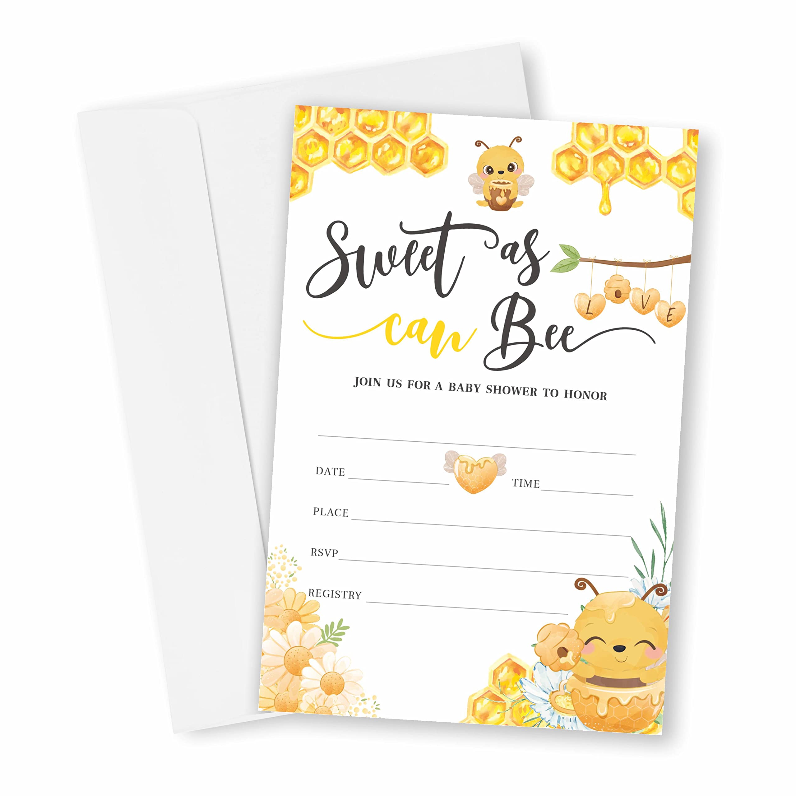 Sweet as Can Bee, Baby Shower Invitation Cards With Envelopes, Invites for Baby Showers and Parties - Pack of 25-(YQK-013)