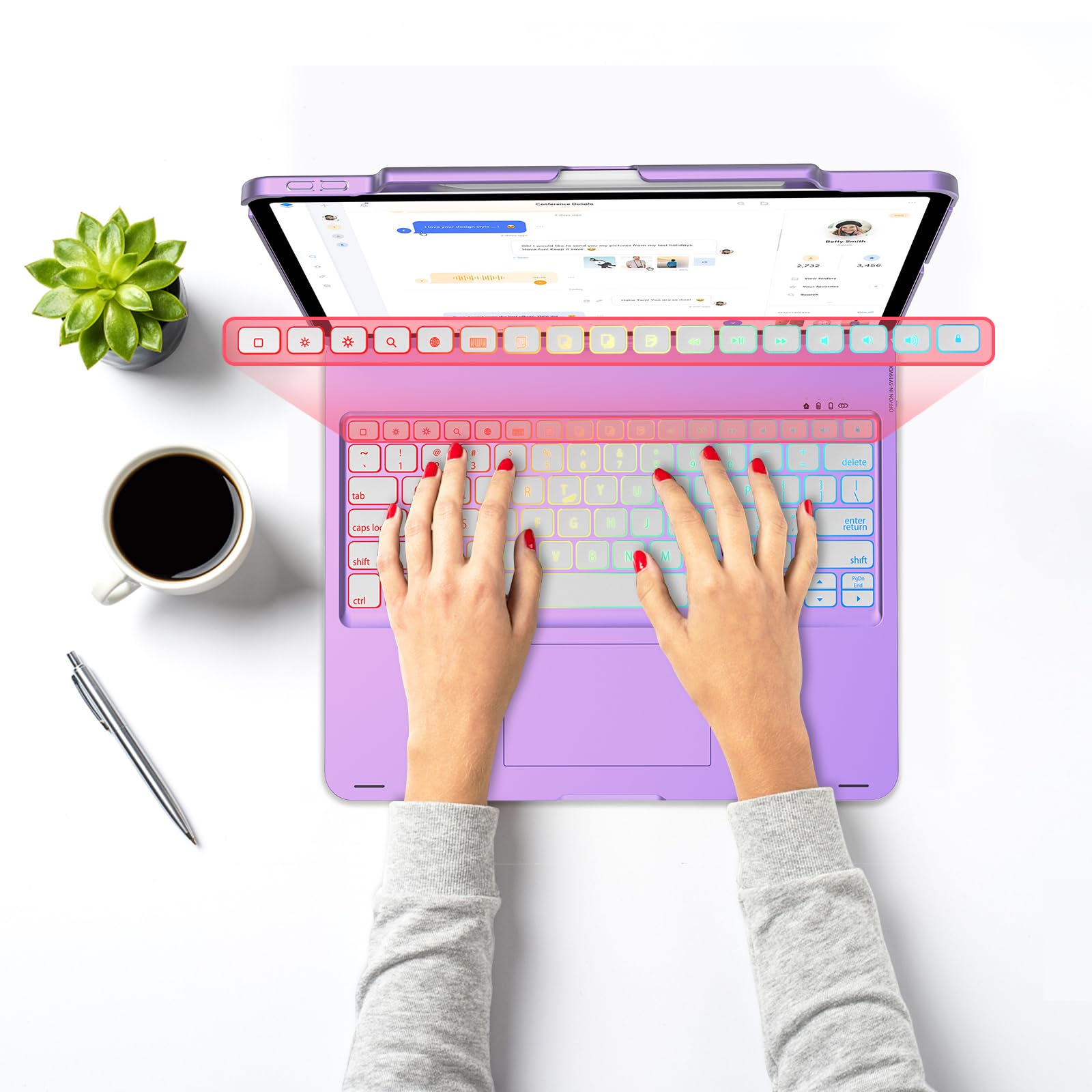SENGBIRCH Touch Keyboard Case for iPad Pro 12.9-inch (3rd, 4th, 5th, 6th Generation) - 7 Colors RGB Backlit, 360° Swivel Hard Shell with Pencil Holder, Purple