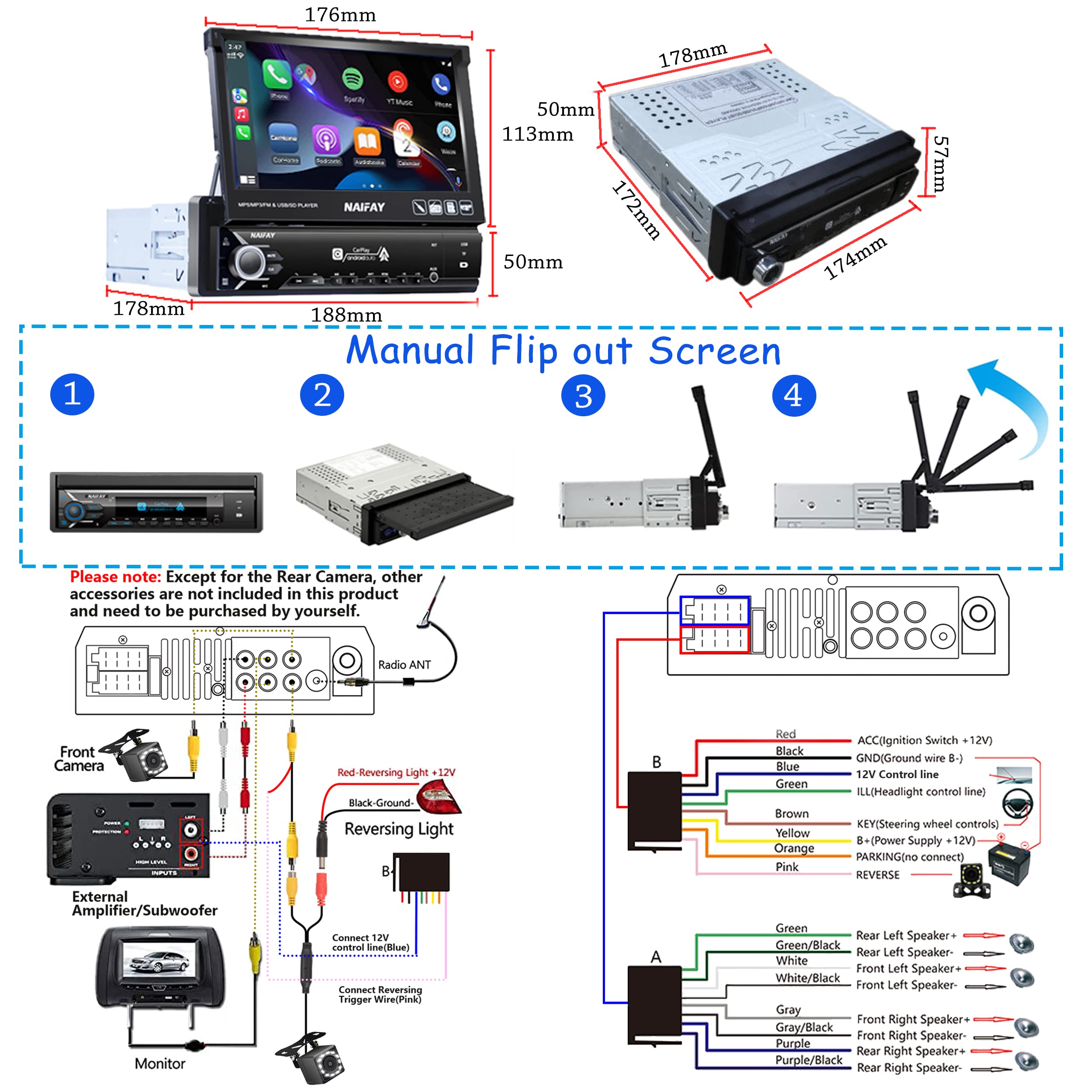 Single Din Touchscreen Car Stereo with Apple Carplay and Android Auto,7 inch Flip Out Screen Car Stereo with Bluetooth Foldable Car Audio Receiver with Backup Camera Mirror Link/FM/USB/AUX/TF