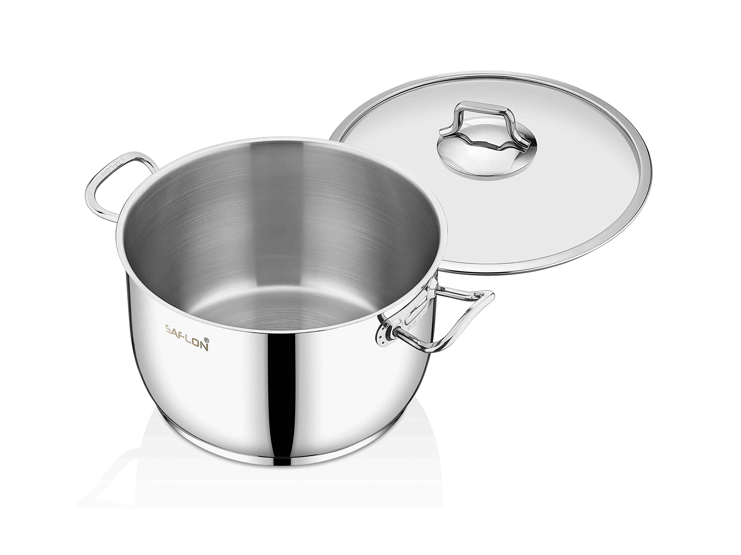 Saflon Stainless Steel Tri-Ply Capsulated Bottom 6 Quart Stock Pot with Glass Lid, Induction Ready, Oven and Dishwasher Safe