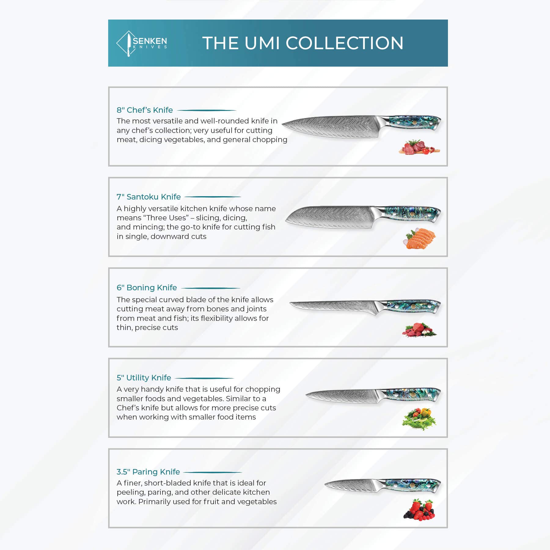 SENKEN Damascus Steel Kitchen Knife Set - Umi Collection - 67-Layer Japanese VG10 Steel, Real Deep-Sea Abalone Shell Handle, Chef's Knife, Santoku, Paring, Fillet, Utility (5-Piece Damascus Knife Set)