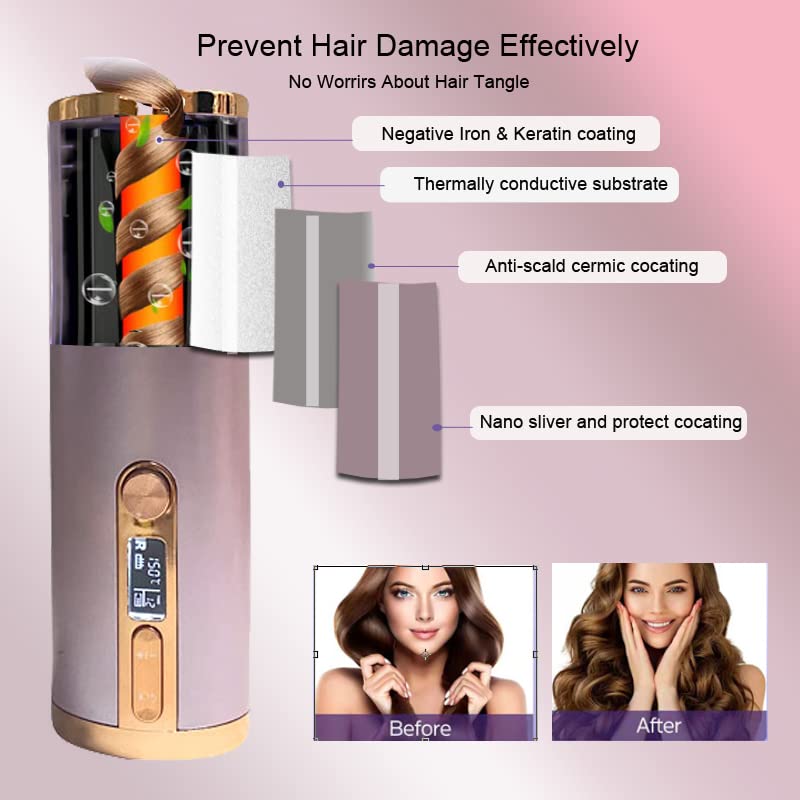 USB Automatic Hair Curler Cordless Automatic Curling Tongs with Rechargeable Battery Heat Isolating Chamber LCD Display 6Kinds of Temperature Control & Timer Settings (Gradient Pink)