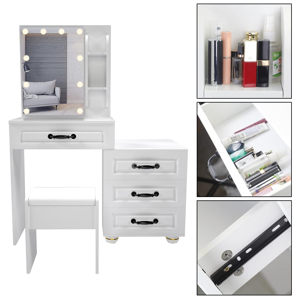 Jarbalai Makeup Vanity with 10 LED Bulbs Lighted Mirror, Modern Vanity Desk with Charging Station, White Makeup Dressing Table with 4 Drawers & Cushioned Stool Set for Bedroom