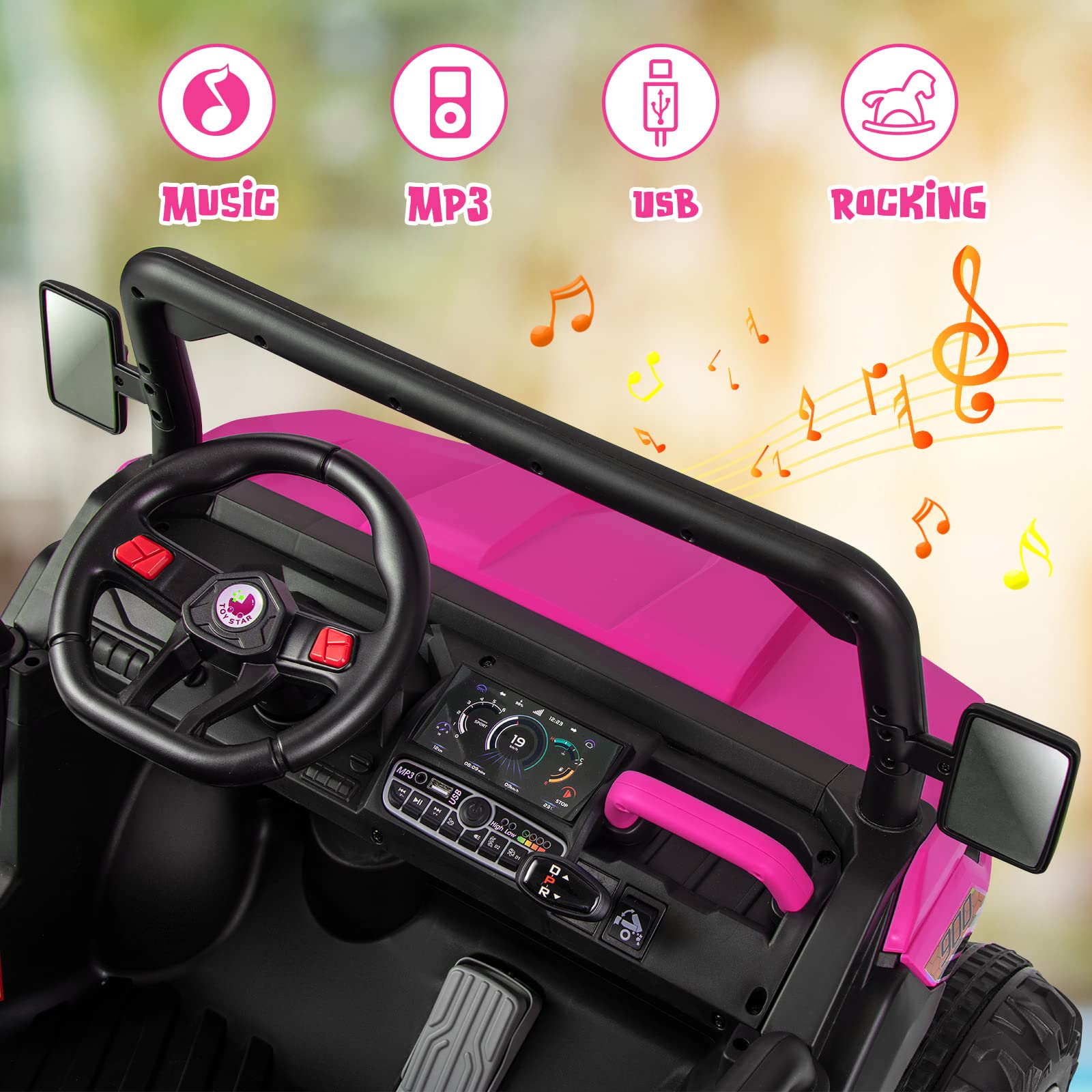 OLAKIDS 2 Seater Ride On Car, 12V Off-Road UTV Electric Vehicle with Remote Control, Dump Bed, Extra Shovel, Music, USB, AUX, Rocking Function, Kids Toddlers Battery Powered Truck (Pink)