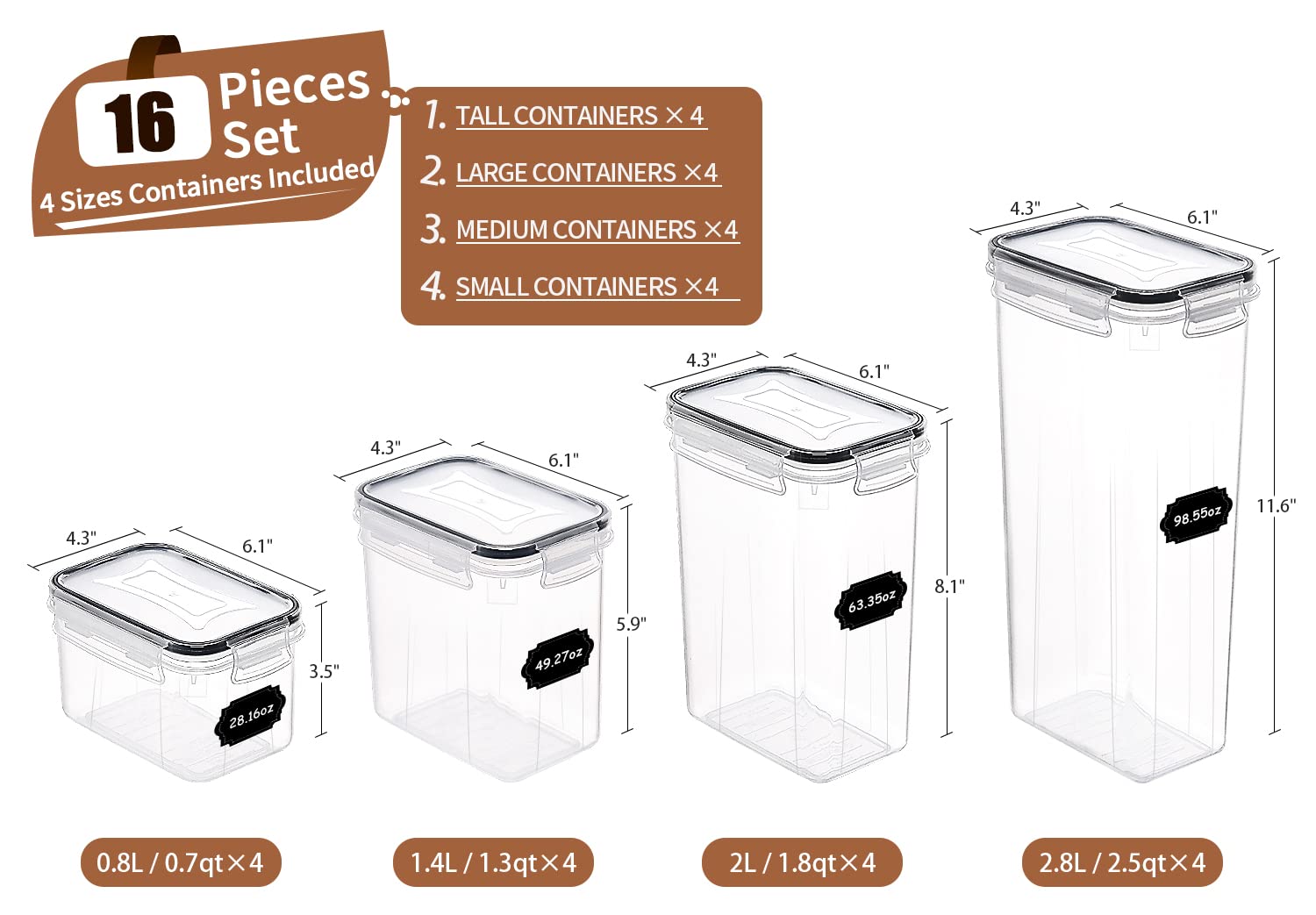 PRAKI 16PCS Airtight Food Storage Containers and 10PCS Large Flour and Sugar Containers