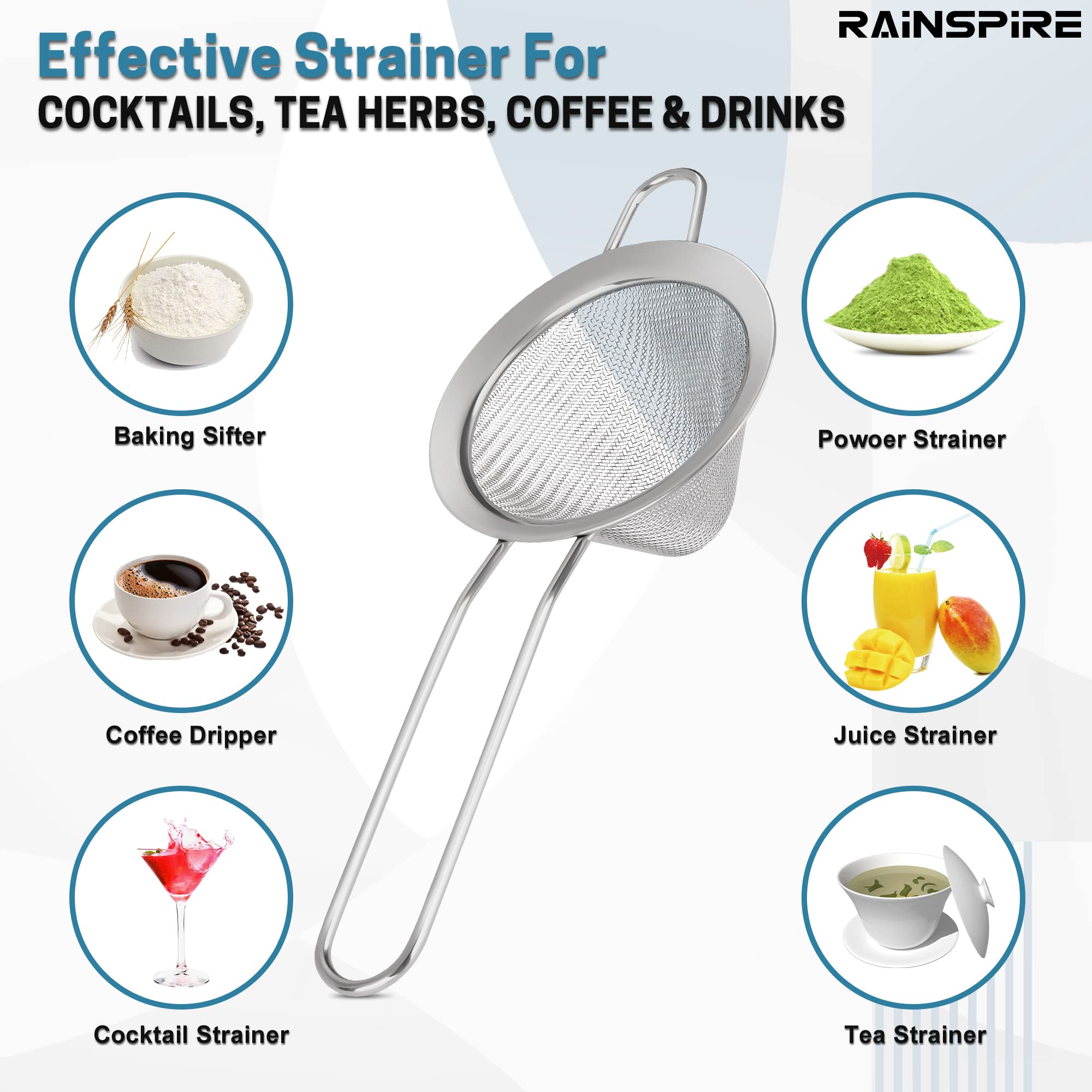 Rainspire Stainless Steel Small Strainer Fine Mesh Strainer, Mini Cocktail Strainer For Cocktails Tea Herbs Coffee & Drinks, Tea Strainer with Handle, Rust Proof, Silver