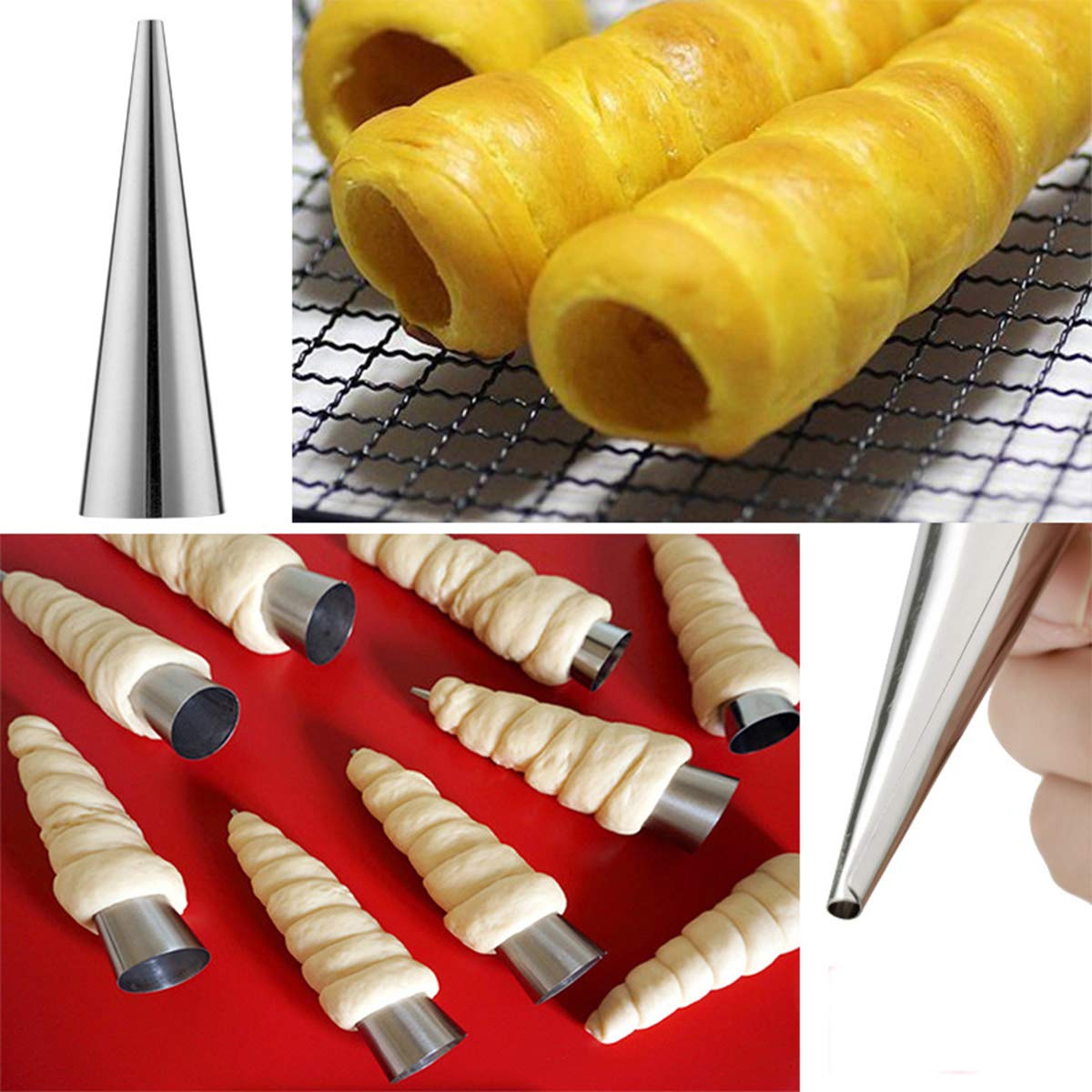 Set of 16 Stainless Steel Cannoli Tubes and Pastry Cream Horn Molds,Large Size DIY Baking Kit Cone Tubular Shaped Mold Tool for Croissant Waffle Cream Roll (A+B)