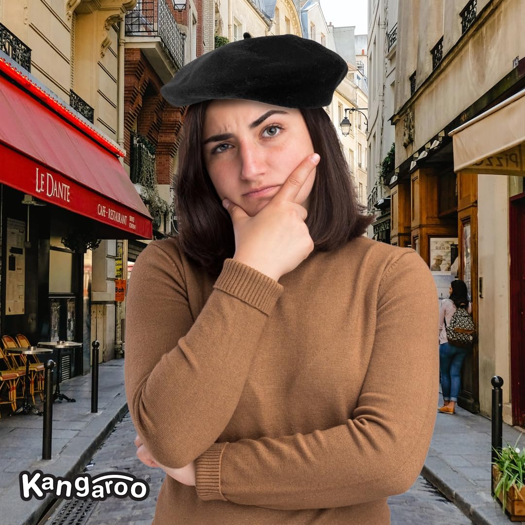 Kangaroo Black Hat- Women's Wool Beret, Parisian Hat, Lightweight Stylish Beret, Classic French Fashion Accessory