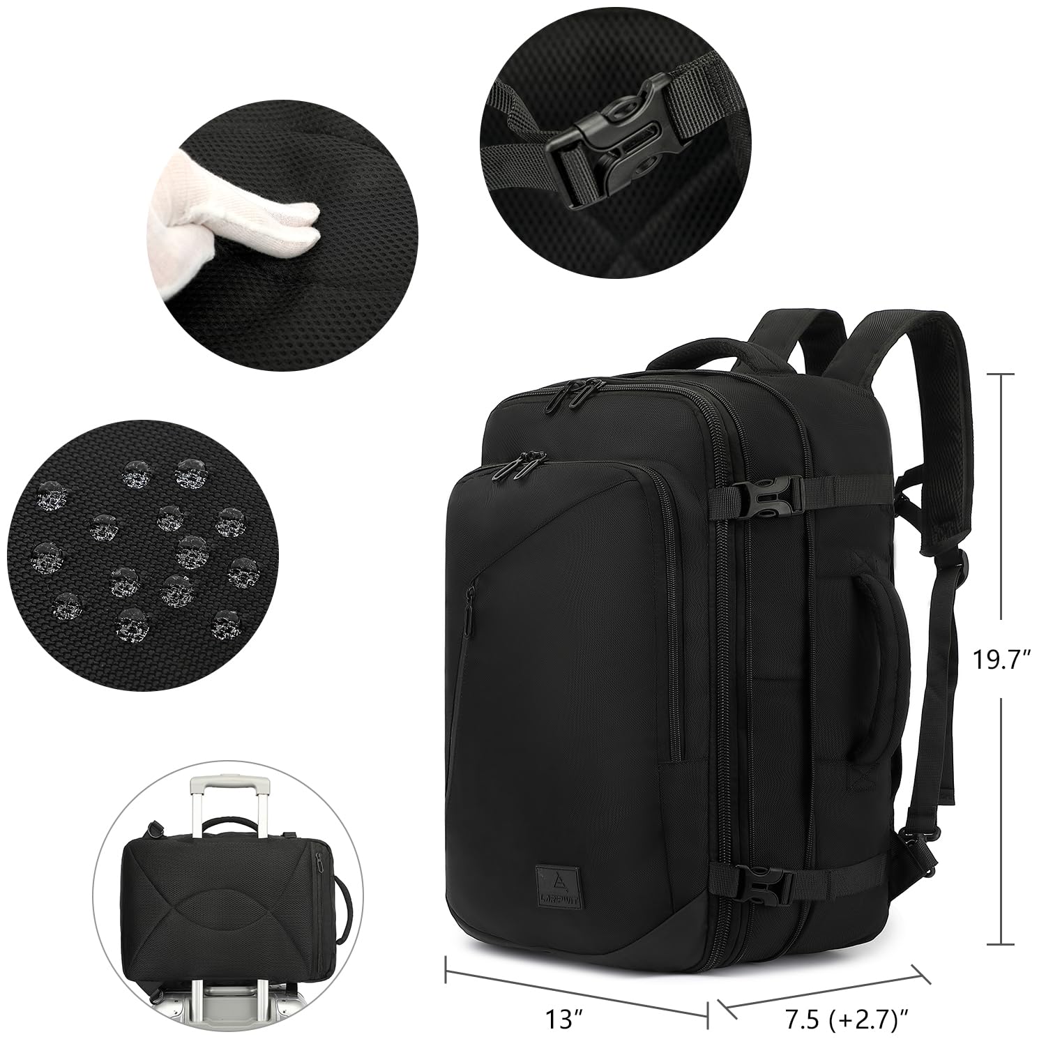 Laripwit Carry on Backpack, 42L Large Travel Laptop Backpack Expandable Airplane Approved Business Backpack for Men Lightweight Casual Daypack- Suitable for Business Trip, Black