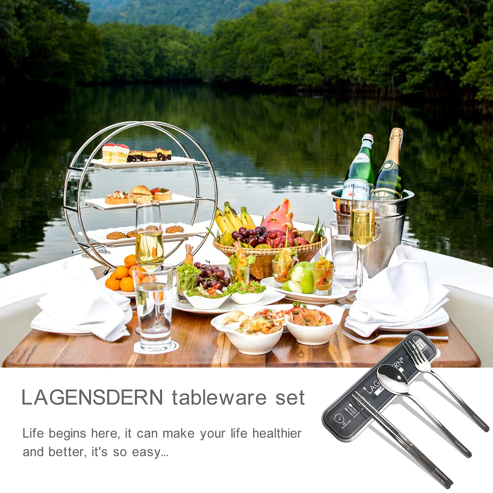 Premium Travel Utensils Set, Stainless Steel Cutlery Set, Reusable Flatware, Chopsticks Fork Spoon Silverware Set, Pocket Utensils for Picnic, Camping and Travel,Straws and Cleaning Brush