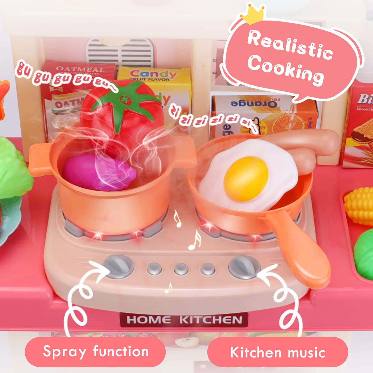 Kids Kitchen Playset, 34" Kitchen Set for Kids Ages 3-5 with Realistic Lights & Sounds, Simulation of Spray, includes Toy Kitchen Accessories, Pretend Play Kitchen Toy