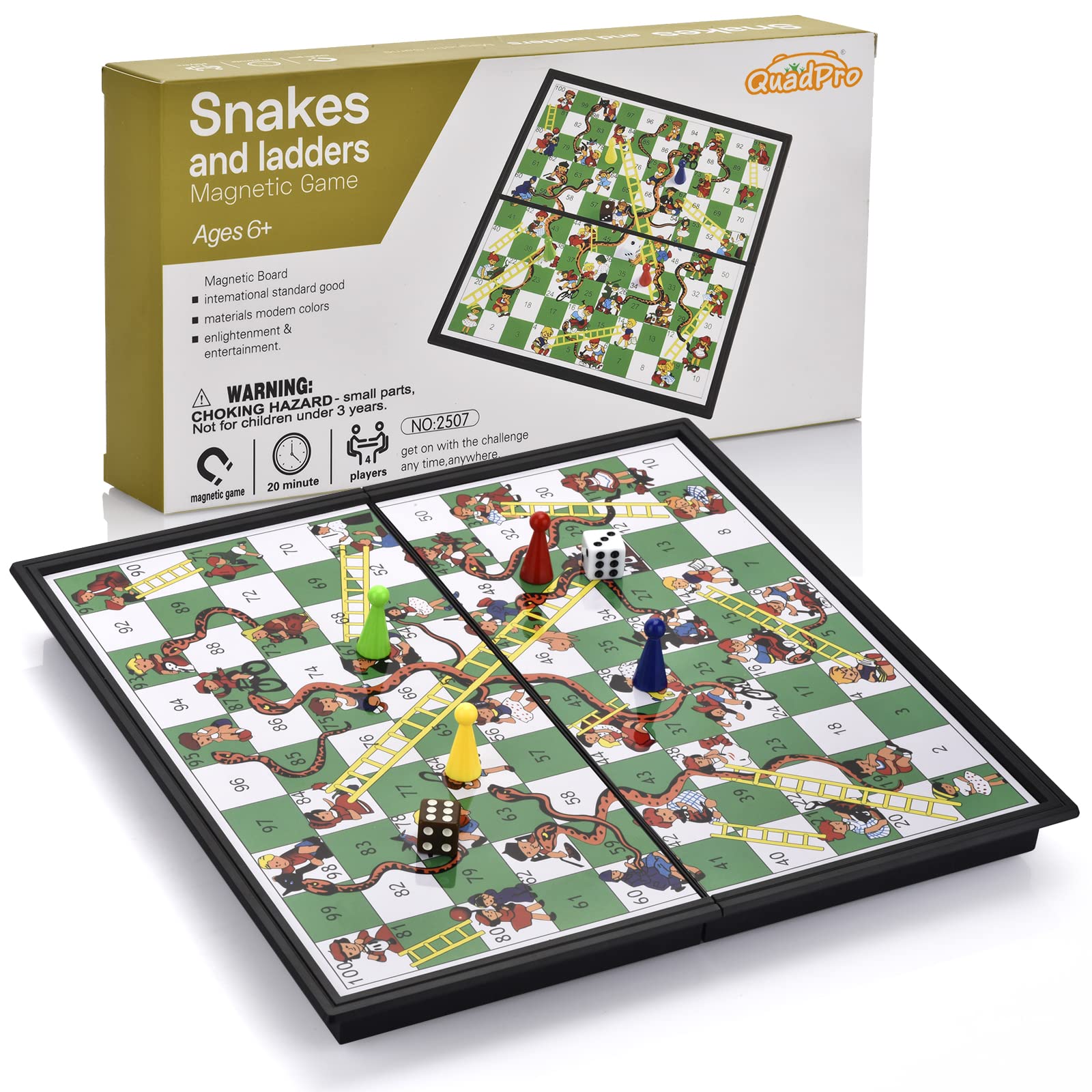 Quadpro Magnetic Chutes Snakes and Ladders Board Games Set with Folding Board Snakes and Ladders Travel Games for Kids and Adults