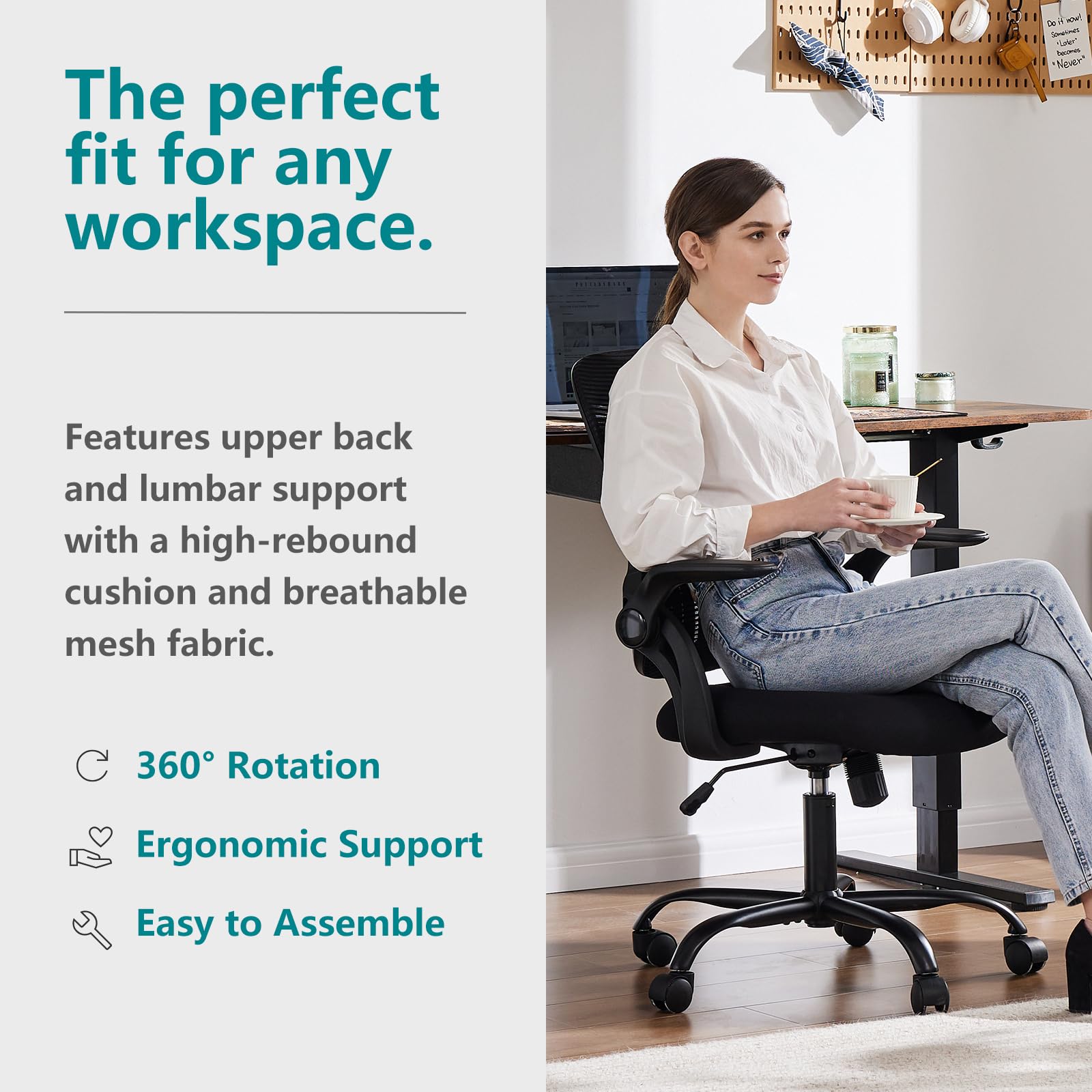 JHK Office Desk Computer Flip-up Armrests, Adjustable Height Mid Back Lumbar Support Padded Seat, Ergonomic Home 360° Swivel Rolling Rocking Mode Breathable Mesh Modern Executive Chair, Dark Black