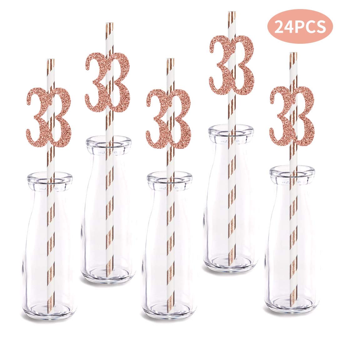 Rose Happy 33rd Birthday Straw Decor, Rose Gold Glitter 24pcs Cut-Out Number 33 Party Drinking Decorative Straws, Supplies