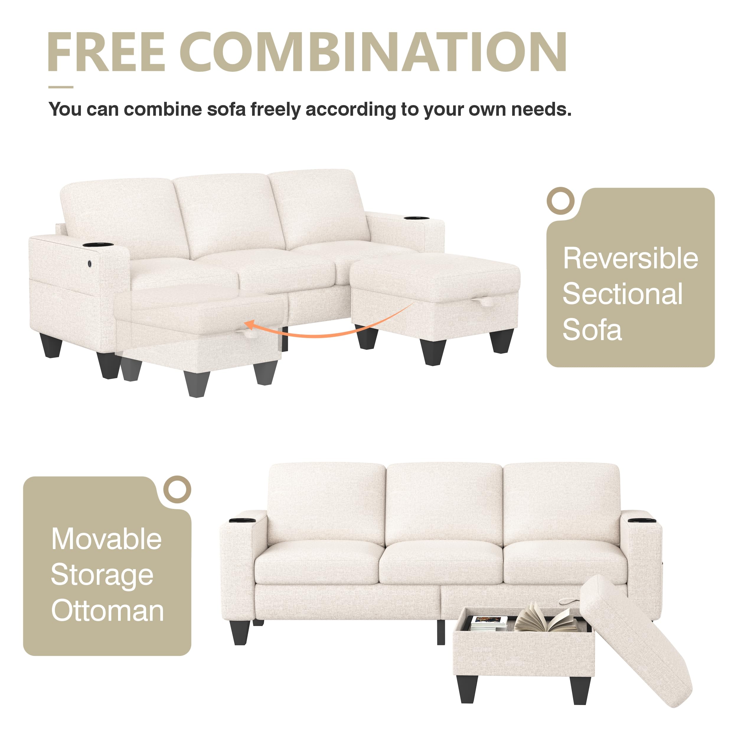ZeeFu Convertible Sectional Sofa Couch: 3 Seat L-Shaped Small Sectional Sofa Couches with Storage Ottoman - Modern Black Velvet Upholstered Sofa Set for Living Room Office Small Space Apartment