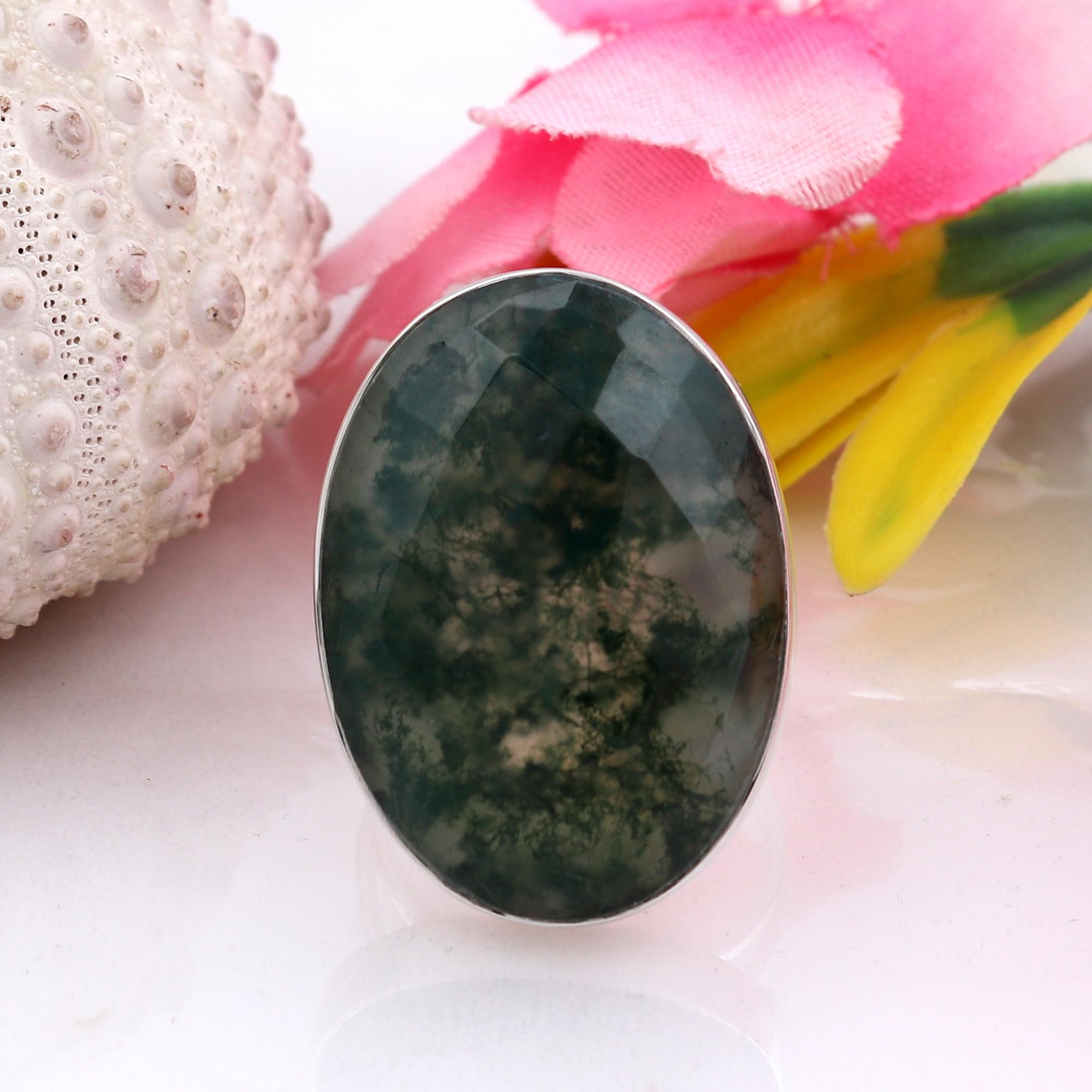 Natural Green Moss Agate Gemstone Ring | Solid 925 Sterling Silver Oval Shape Gemstones Rings Jewelry Gift for Man and Women (Available in size 5, 6, 7, 8, 9, 10) (Green Moss Agate, 6)